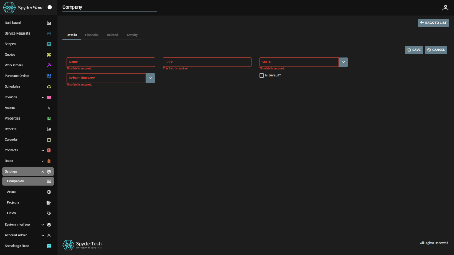 Settings | WEB | Companies – SpyderTech
