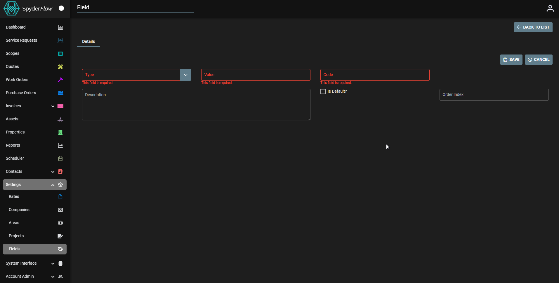 Settings | Fields – SpyderTech