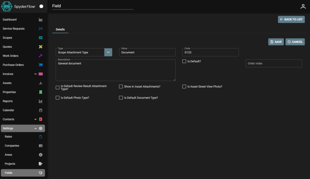 Settings | Fields | Create New – SpyderTech