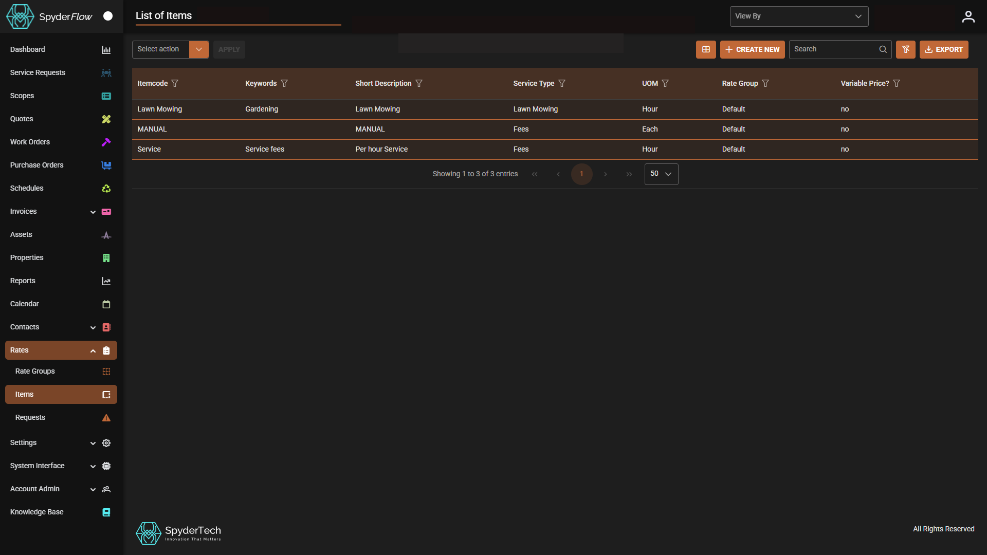 Rates | Rate Groups | Items – List of – SpyderTech