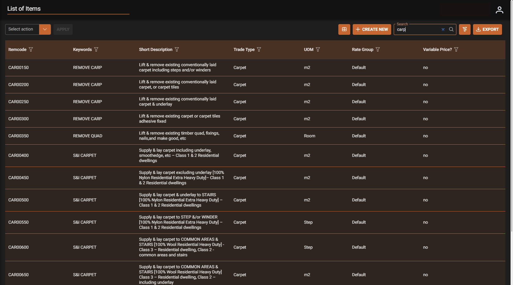 Rates | Items | List of Items – SpyderTech