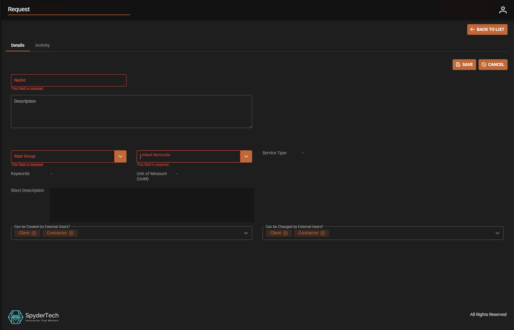 Rates | Requests | +Create New – SpyderTech